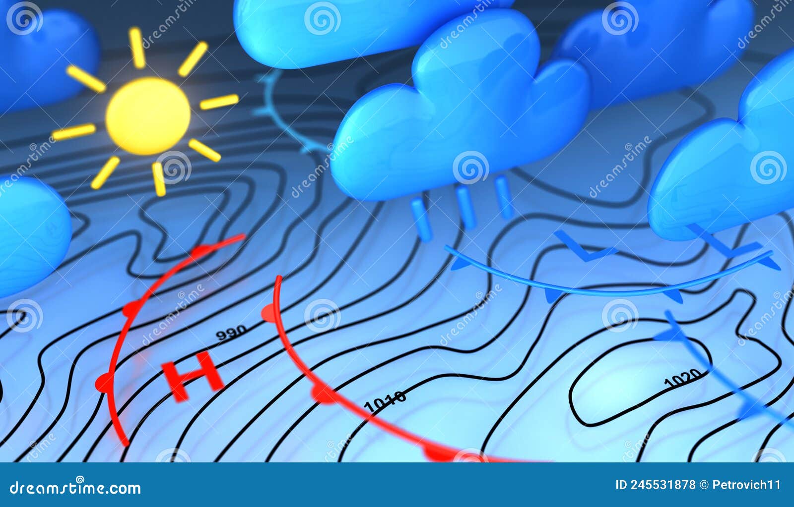 Sun and Rain on a Weather Map. Stock Illustration - Illustration of ...