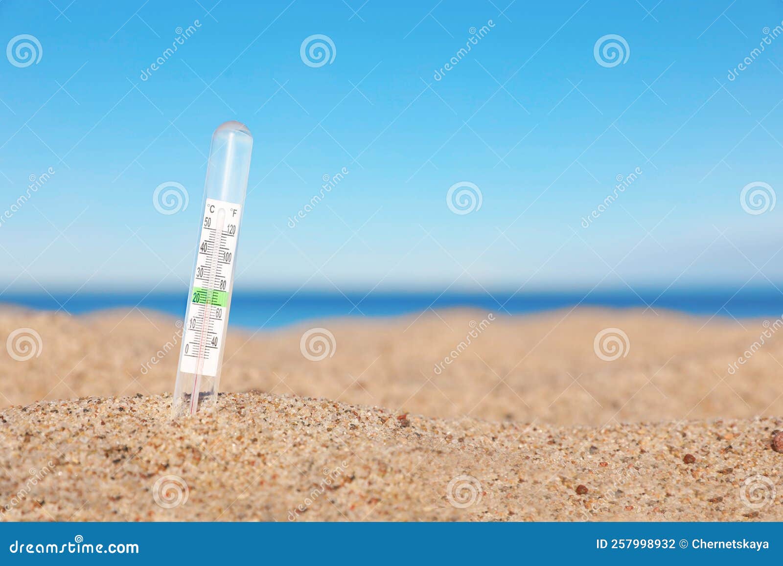 Weather Thermometer in Sand Near Sea, Space for Text Stock Photo ...
