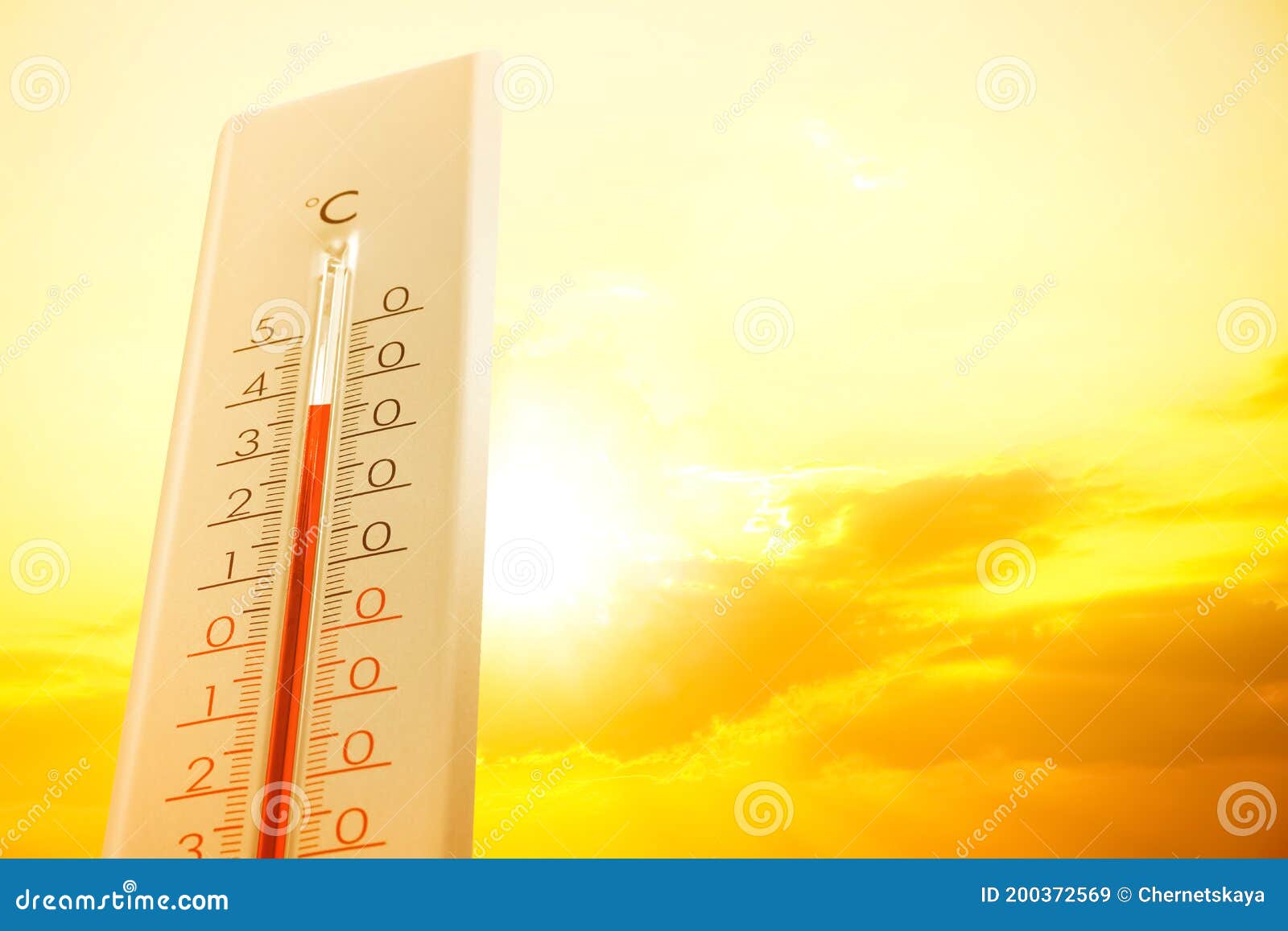 Weather Thermometer Showing High Temperature and Sunny Sky with Clouds ...