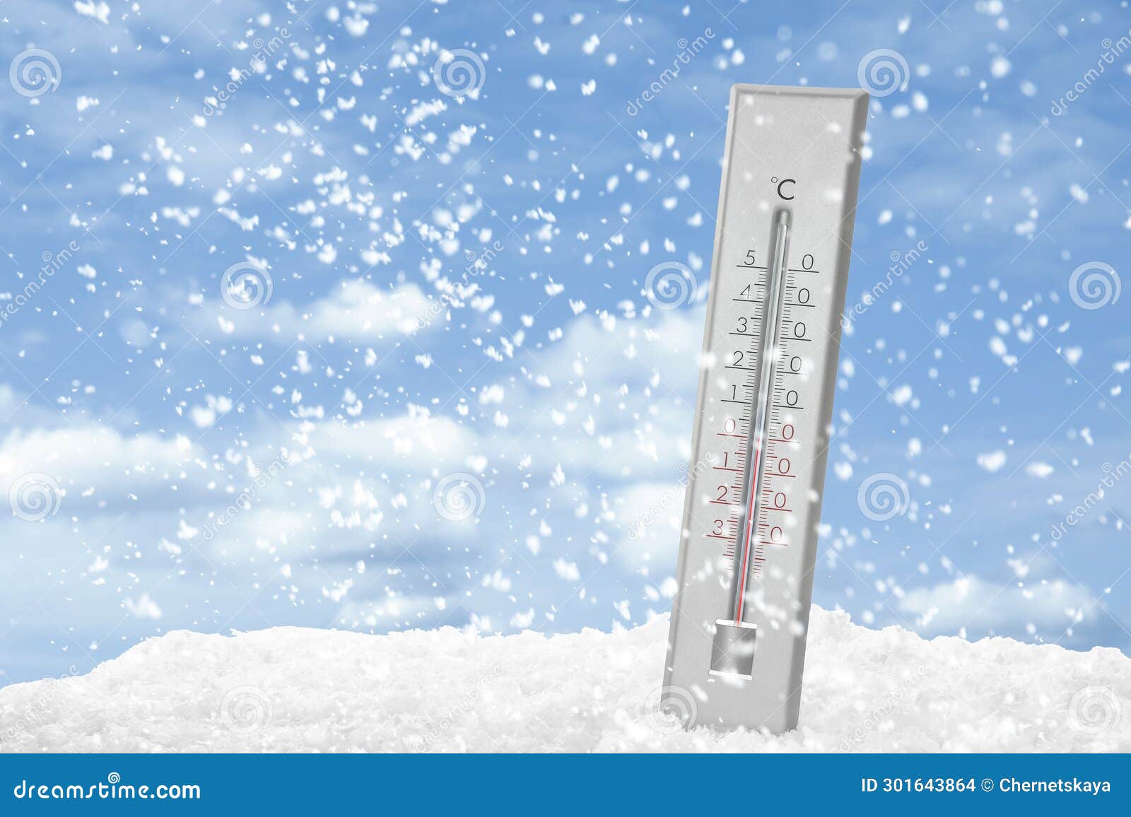 Weather Thermometer Under Falling Snow Outdoors on Winter Day, Space ...