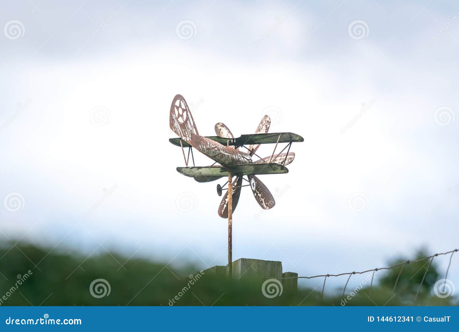 Weather Vane in Form of an Old Rusty Biplane, at a Back Angle, with ...