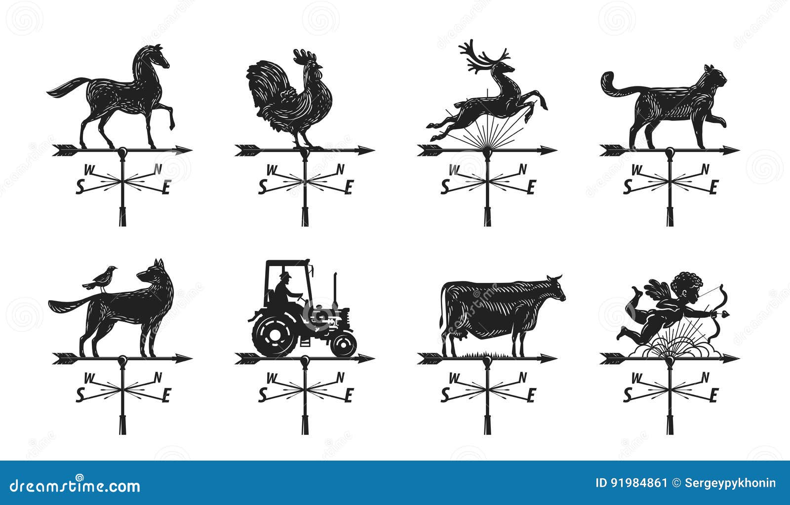 Weather Vane Silhouette, Set Icons. Windvane, Weathervane Symbol or ... Weather Vane Silhouette, Set Icons. Windvane, Weathervane Symbol or ...
