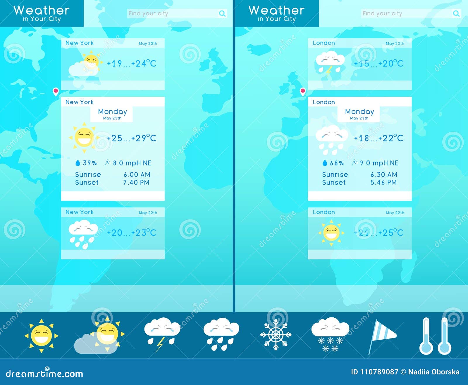 Weather Widget Template. Vector Illustration in a Flat Style Stock ...
