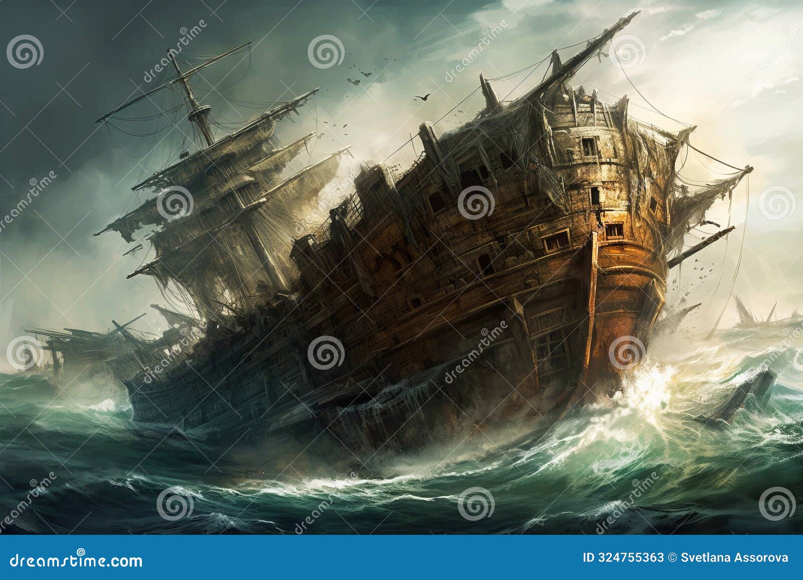 A Weathered, Abandoned Ship Battles Rough Seas, Its Sails Tattered and ...