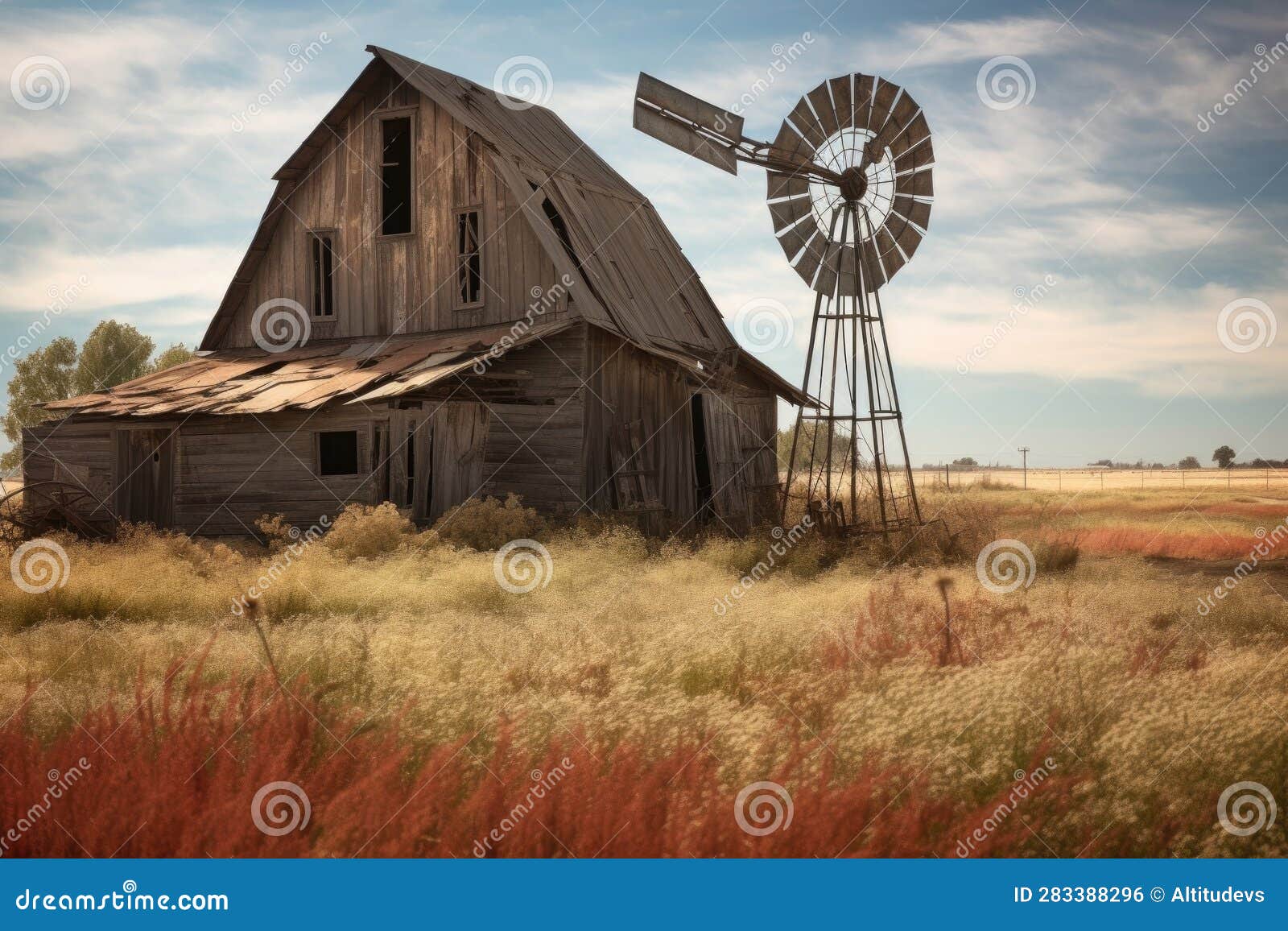 Weathered Barn with a Vintage Windmill in the Background Stock Photo ...
