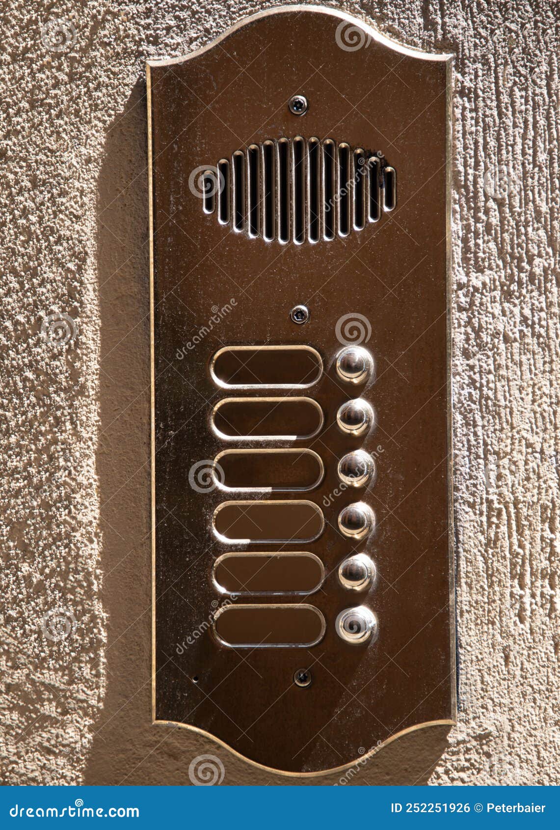 Weathered Brass Panel with Six Doorbells Stock Photo - Image of ...
