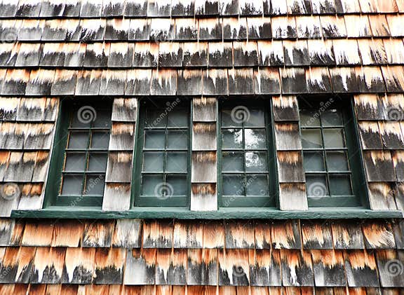 Weathered Cedar Shake Shingles and Windows in Historic House Stock ...