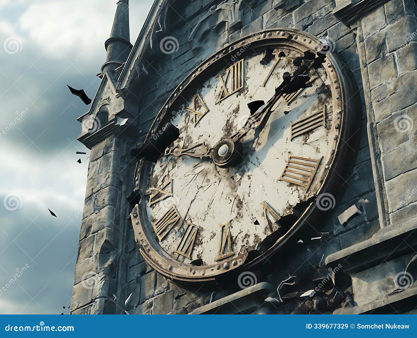 A Weathered Clock Face on a Gothic Tower with Birds Flying Around it ...