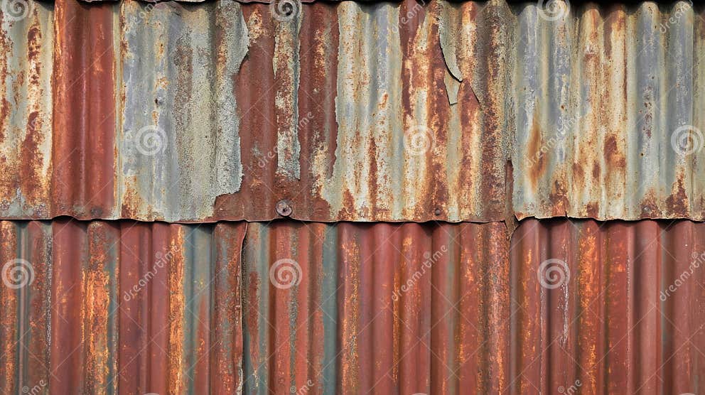 Weathered Corrugated Metal Sheet with Rust and Peeling Paint Stock ...