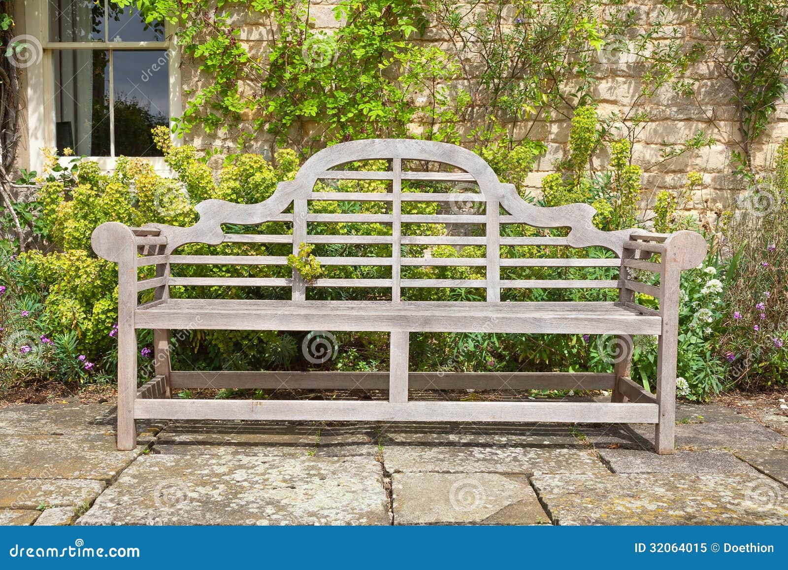 Weathered Garden Bench in Landscaped Setting Stock Image - Image of ...