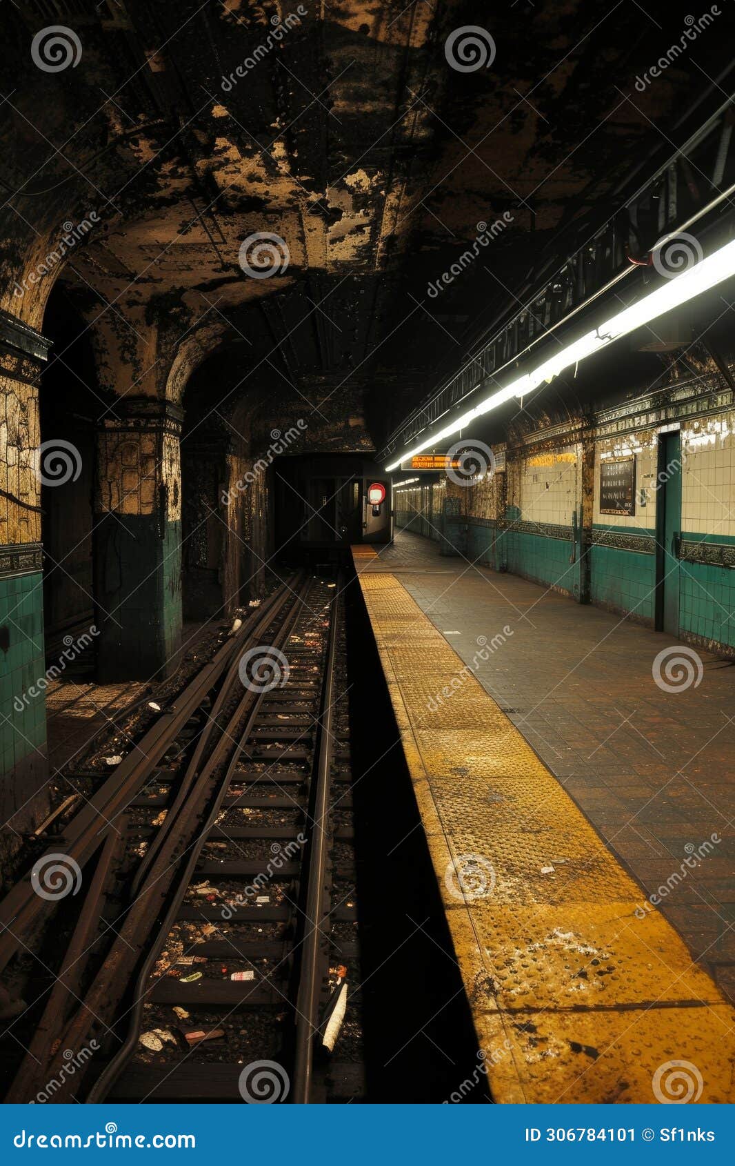 Weathered and Graffiti-covered Subway Station with an Approaching Train ...