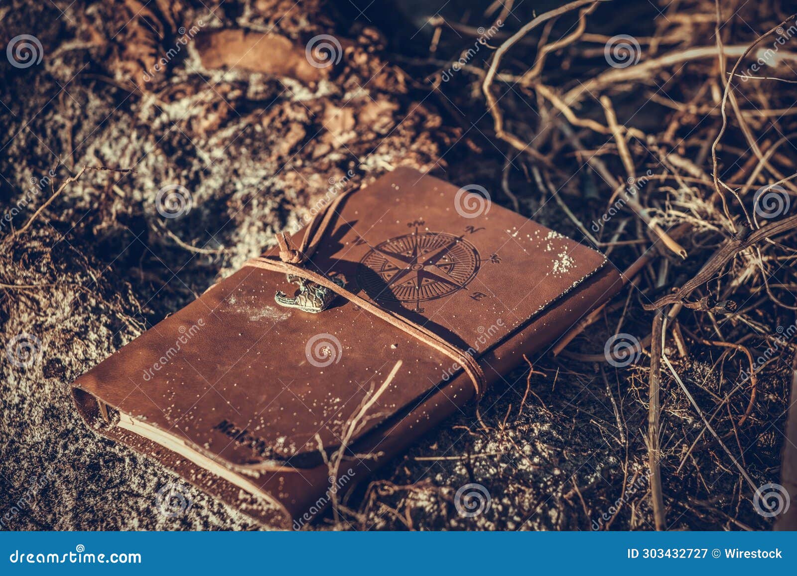 Weathered Leather Journal, Adorned with Compass Emblem Its Pages ...