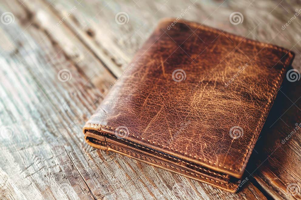 A Weathered Leather Wallet Resting on a Rustic Wooden Surface Stock ...