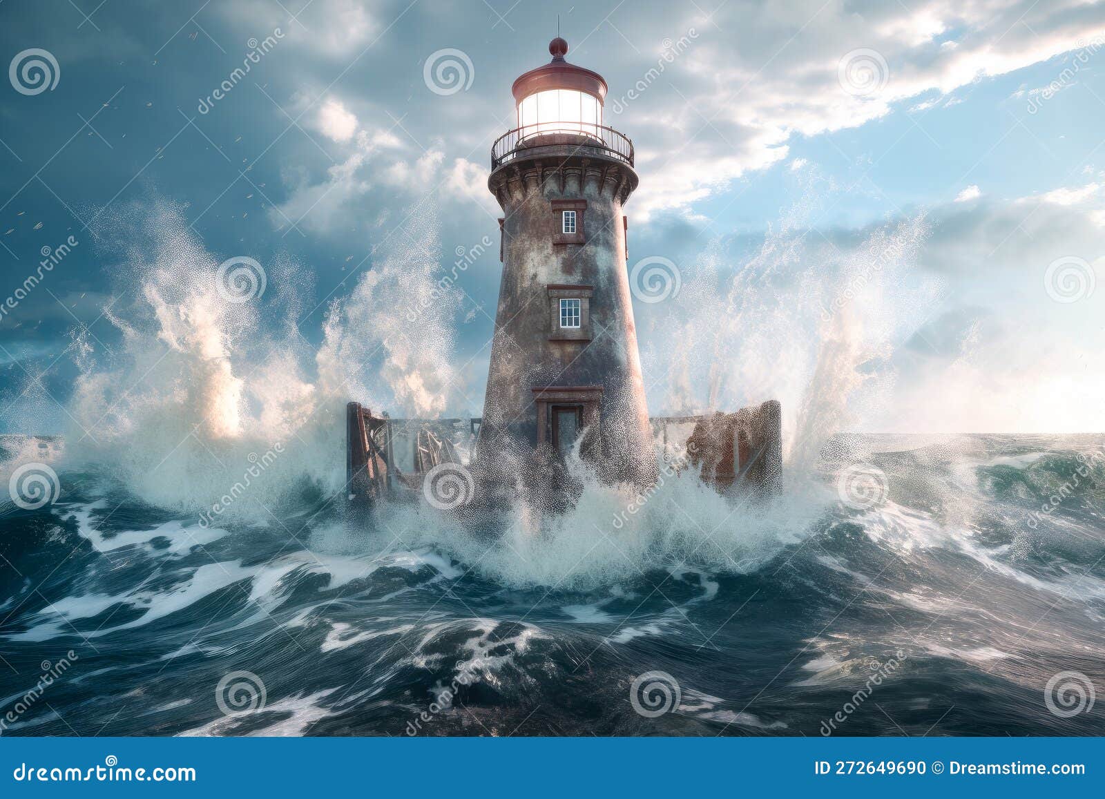 A Weathered Lighthouse with a Massive Splash of Sea Water. AI Generated ...