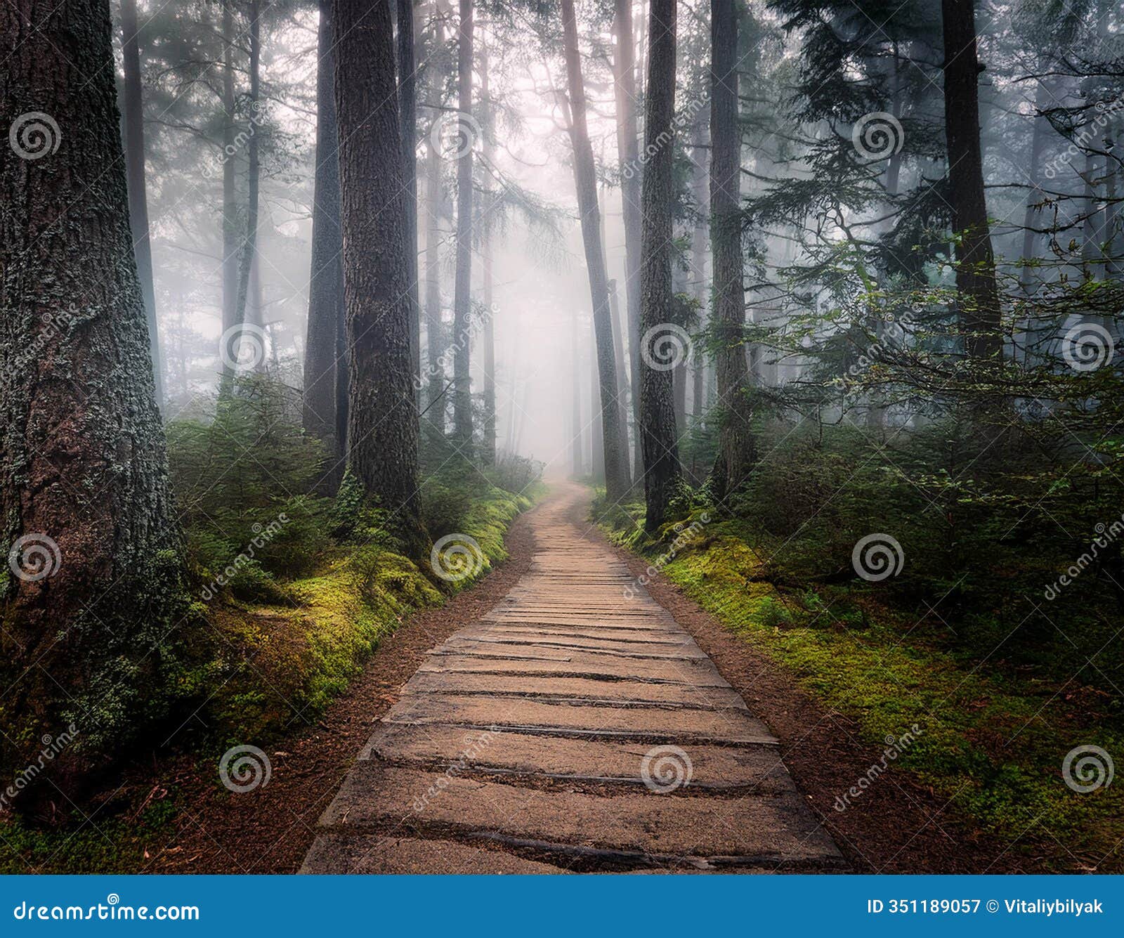 A Weathered Pathway Split into Two in a Misty Forest Stock Illustration ...