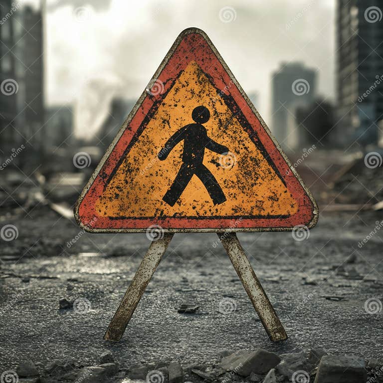 Weathered Pedestrian Warning Sign Stands in a Devastated Area Stock ...