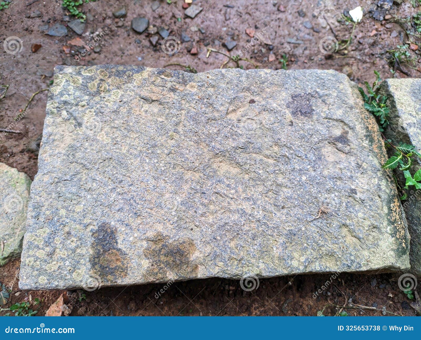 A Weathered Rectangular Stone Slab with a Rough Surface and Patches of ...