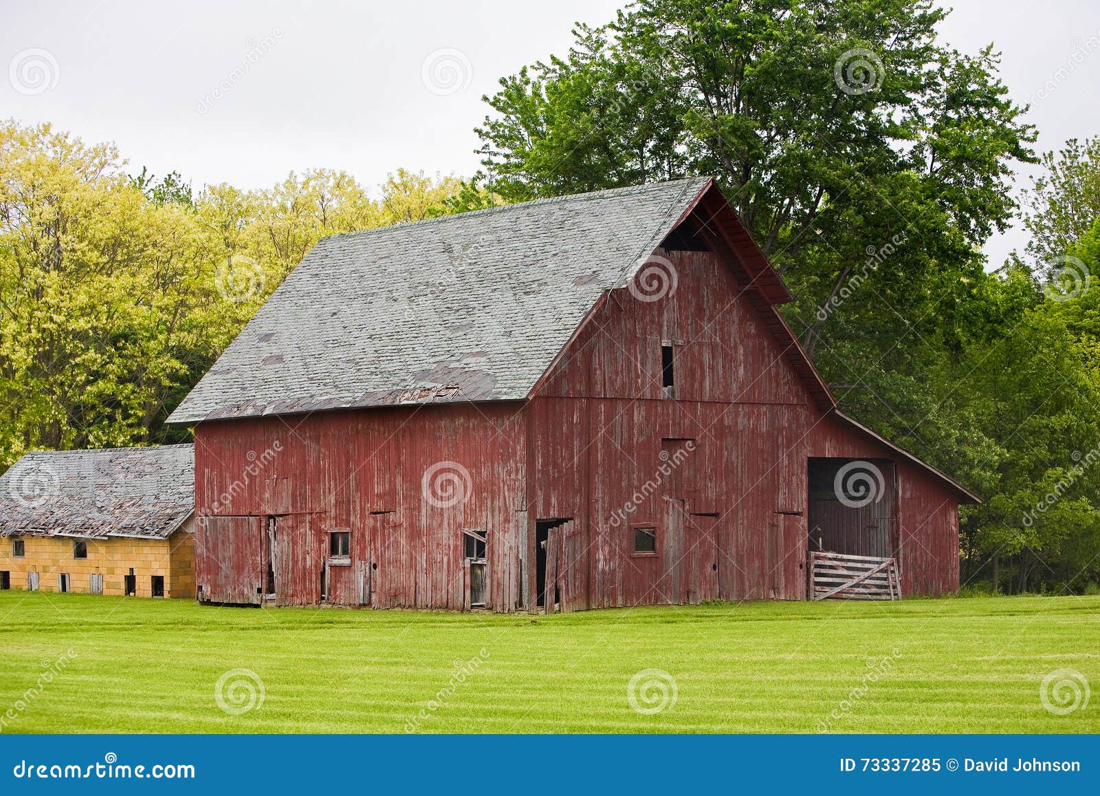Weathered Red Barn Green Field Trees Stock Image - Image of barn, ranch ...