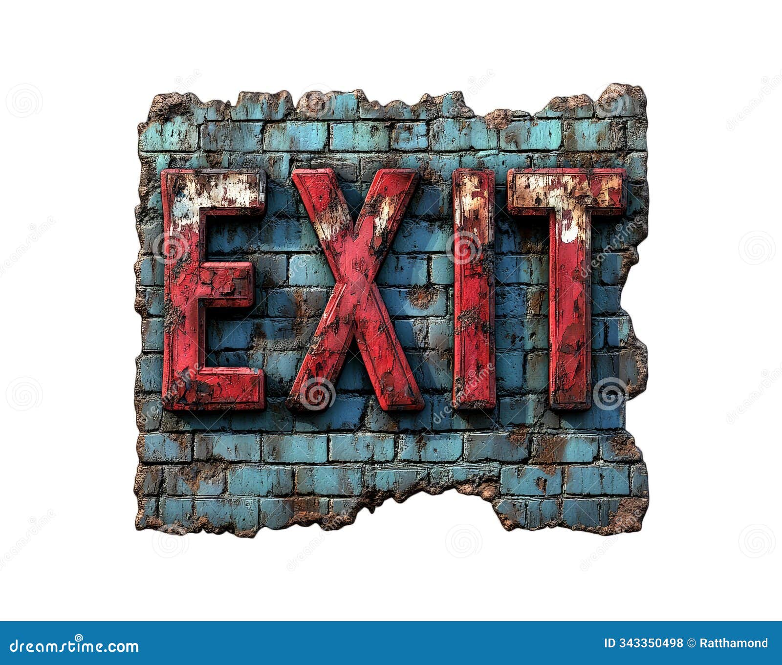 A Weathered, Rusty "EXIT" Sign is Embedded in a Crumbling Blue Brick ...
