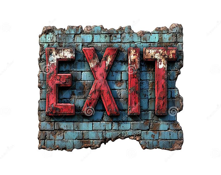 A Weathered, Rusty "EXIT" Sign is Embedded in a Crumbling Blue Brick ...