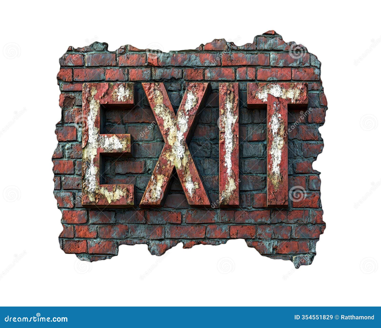 A Weathered, Rusty "EXIT" Sign is Embedded in a Crumbling Blue Brick ...