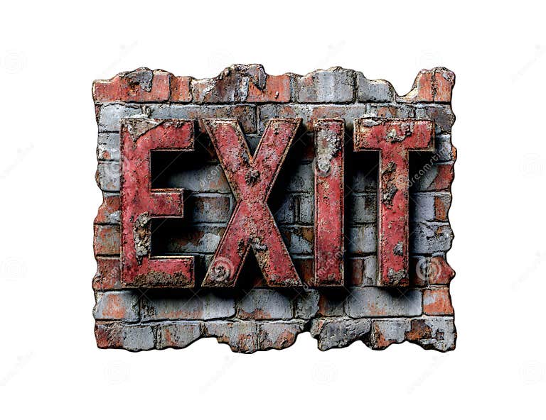 A Weathered, Rusty "EXIT" Sign is Embedded in a Crumbling Blue Brick ...