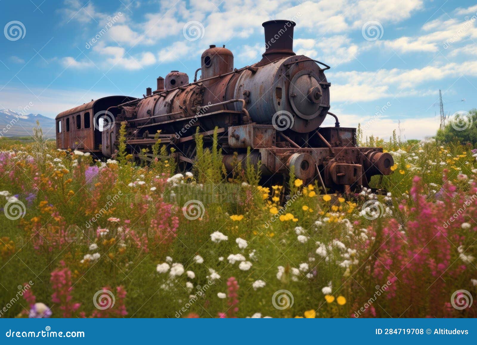 Weathered Steam Engine in a Sea of Wildflowers Stock Photo - Image of ...