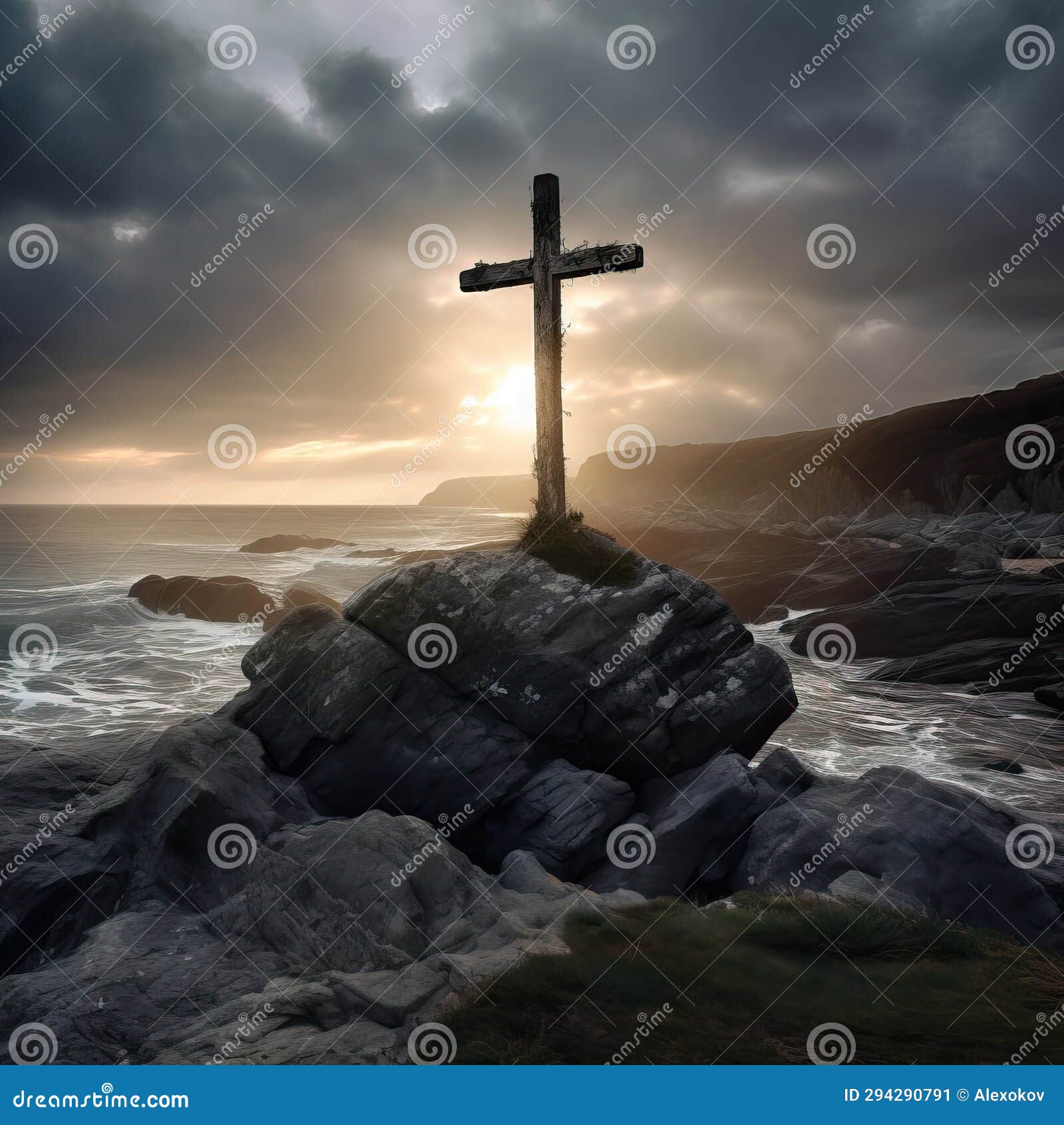 Weathered Stone Cross on Remote Windswept Island AI Generated Stock ...