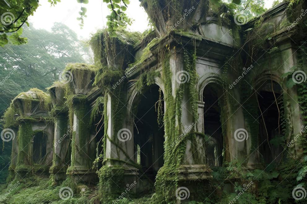Weathered Stone Structures Covered in Vines Stock Illustration ...