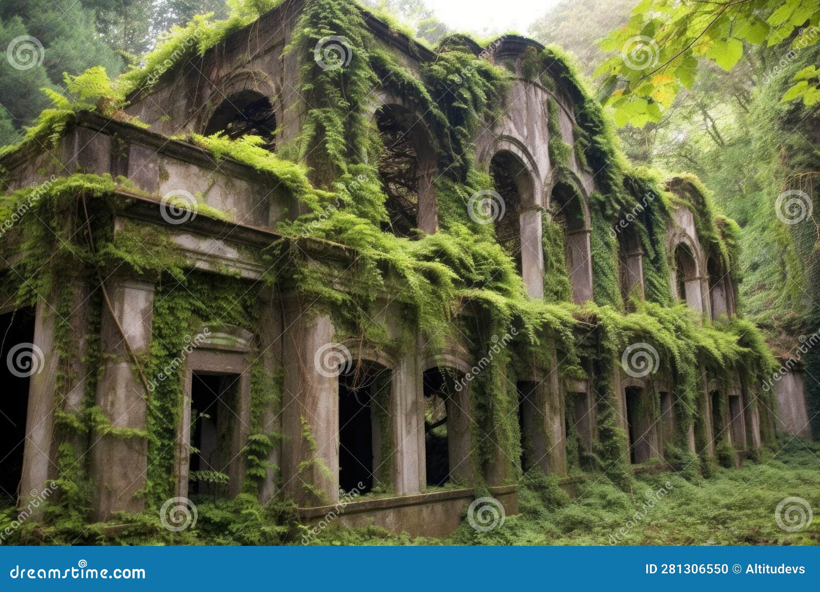 Weathered Stone Structures Covered in Vines Stock Illustration ...