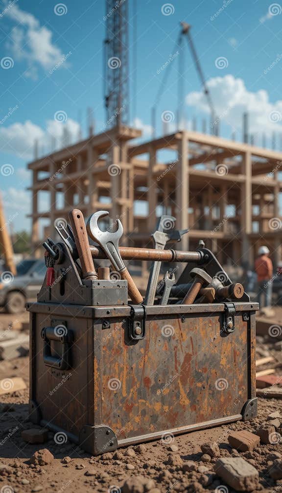 A Weathered Toolbox Filled with Various Construction Tools Sits in ...