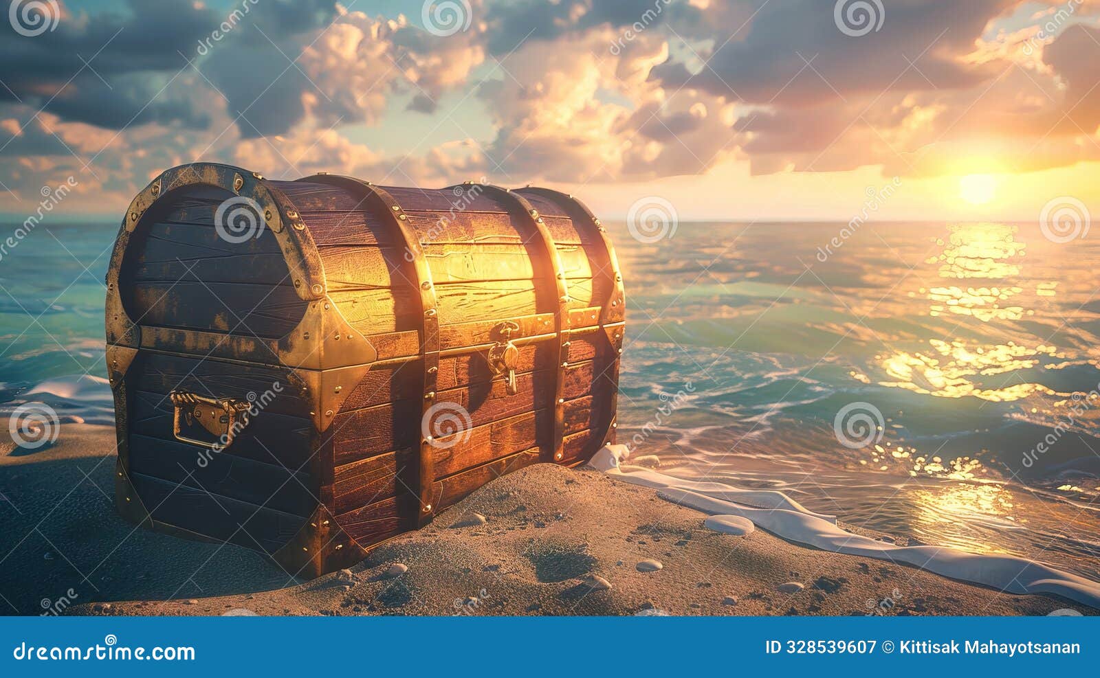 Weathered Treasure Chest on Sandy Shore at Sunset with Waves Generative ...