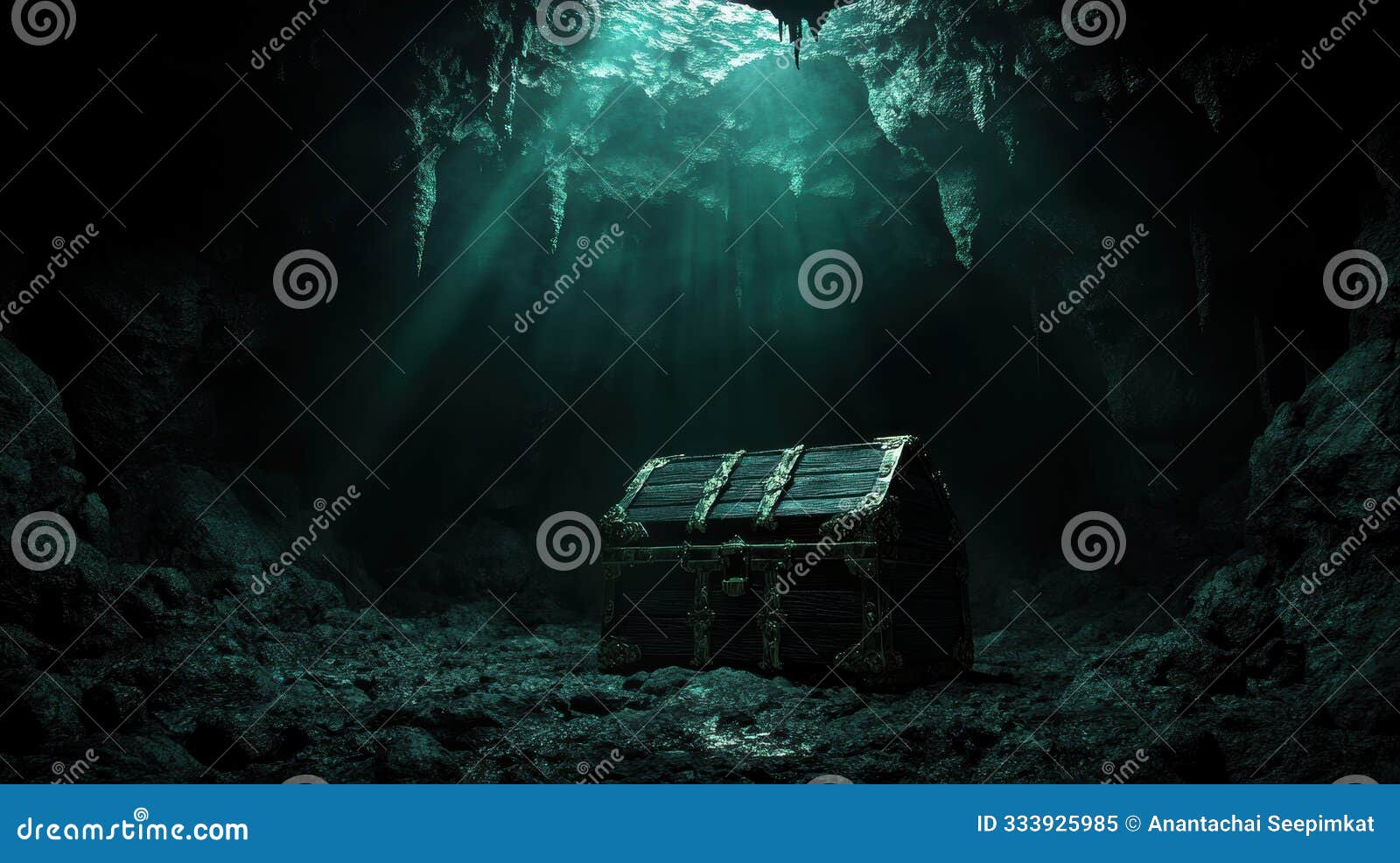 A Weathered Treasure Chest Sits Alone in a Dimly Lit, Eerie Cave with ...