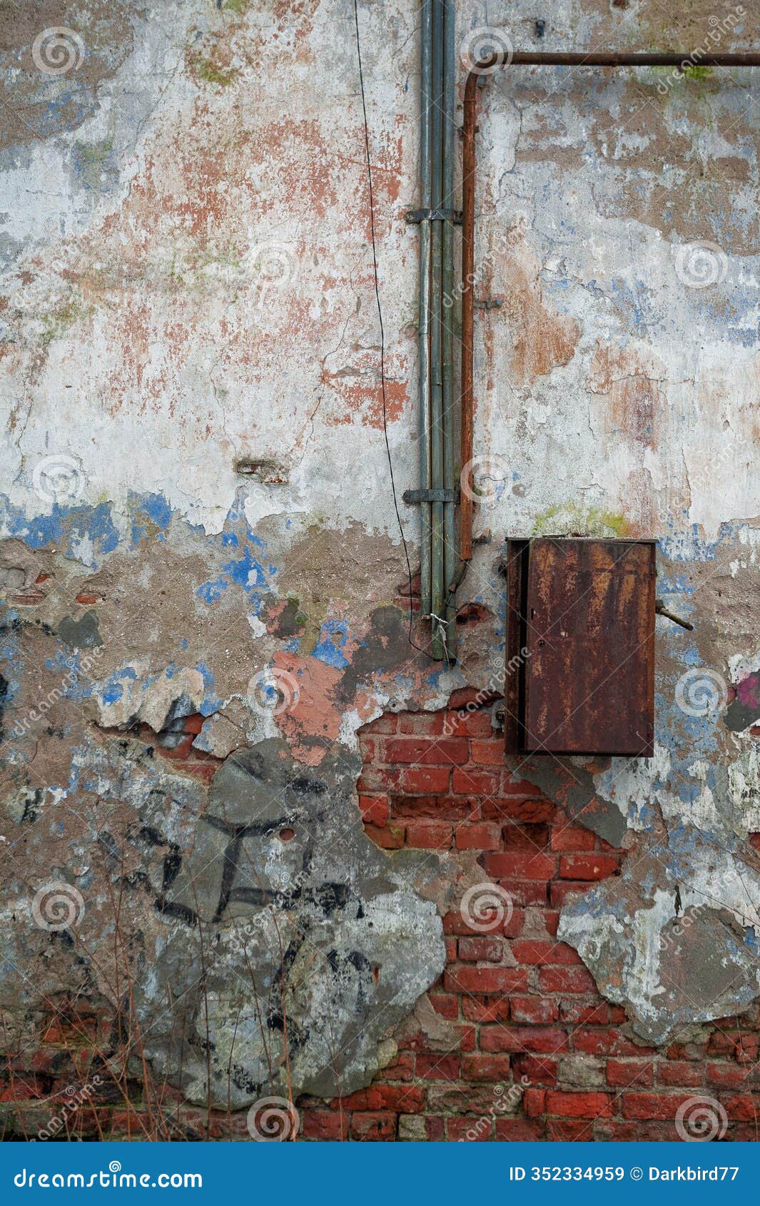 Weathered Wall with Peeling Paint and Rusted Metal Box Reveals Grunge ...