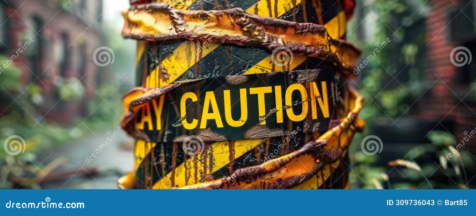 Weathered and Worn Caution Tape Wrapped Around a Rusty Pole, Signaling ...