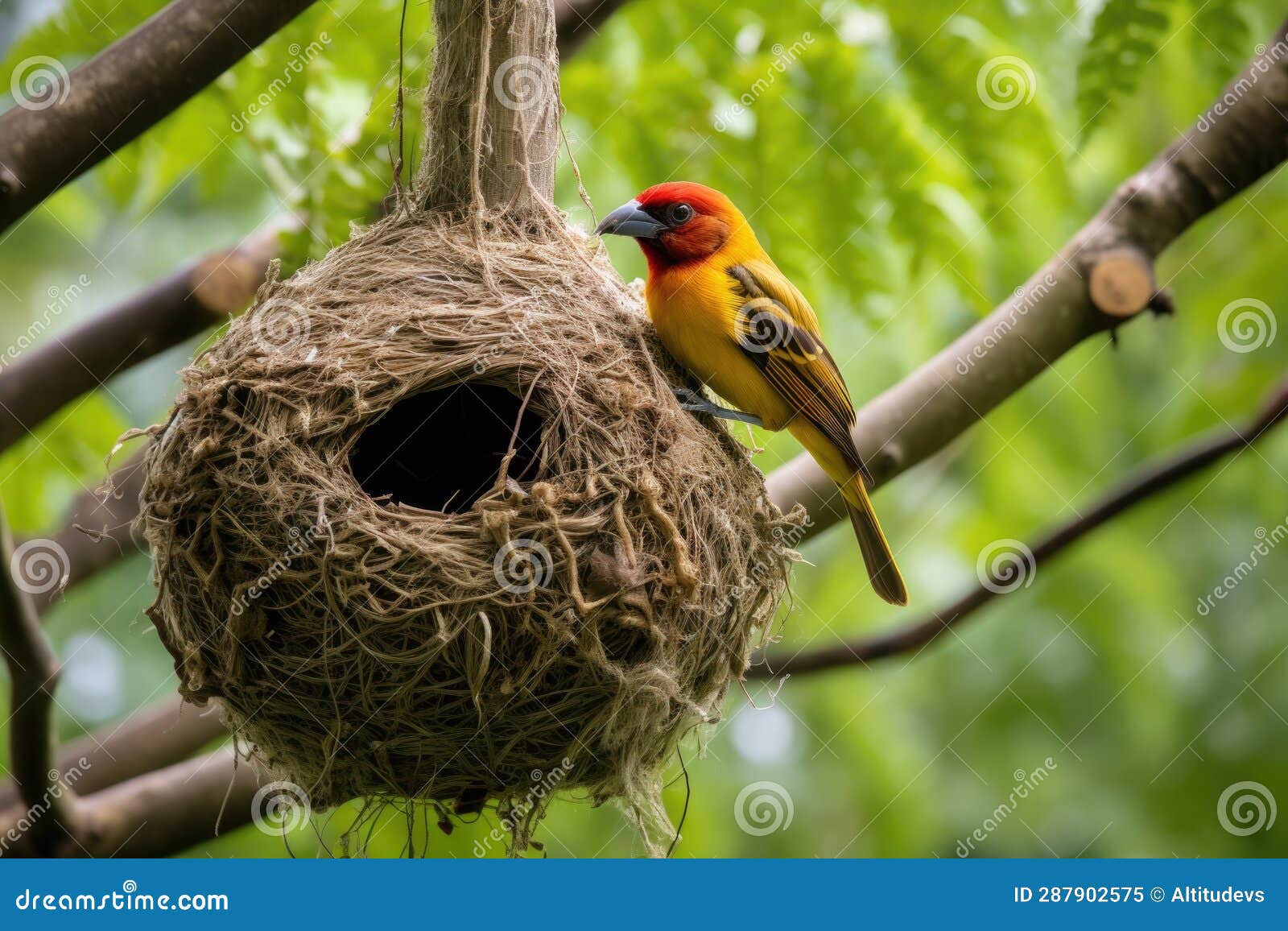 Weaver Bird Weaving Nest on Tree Branch Stock Illustration ...