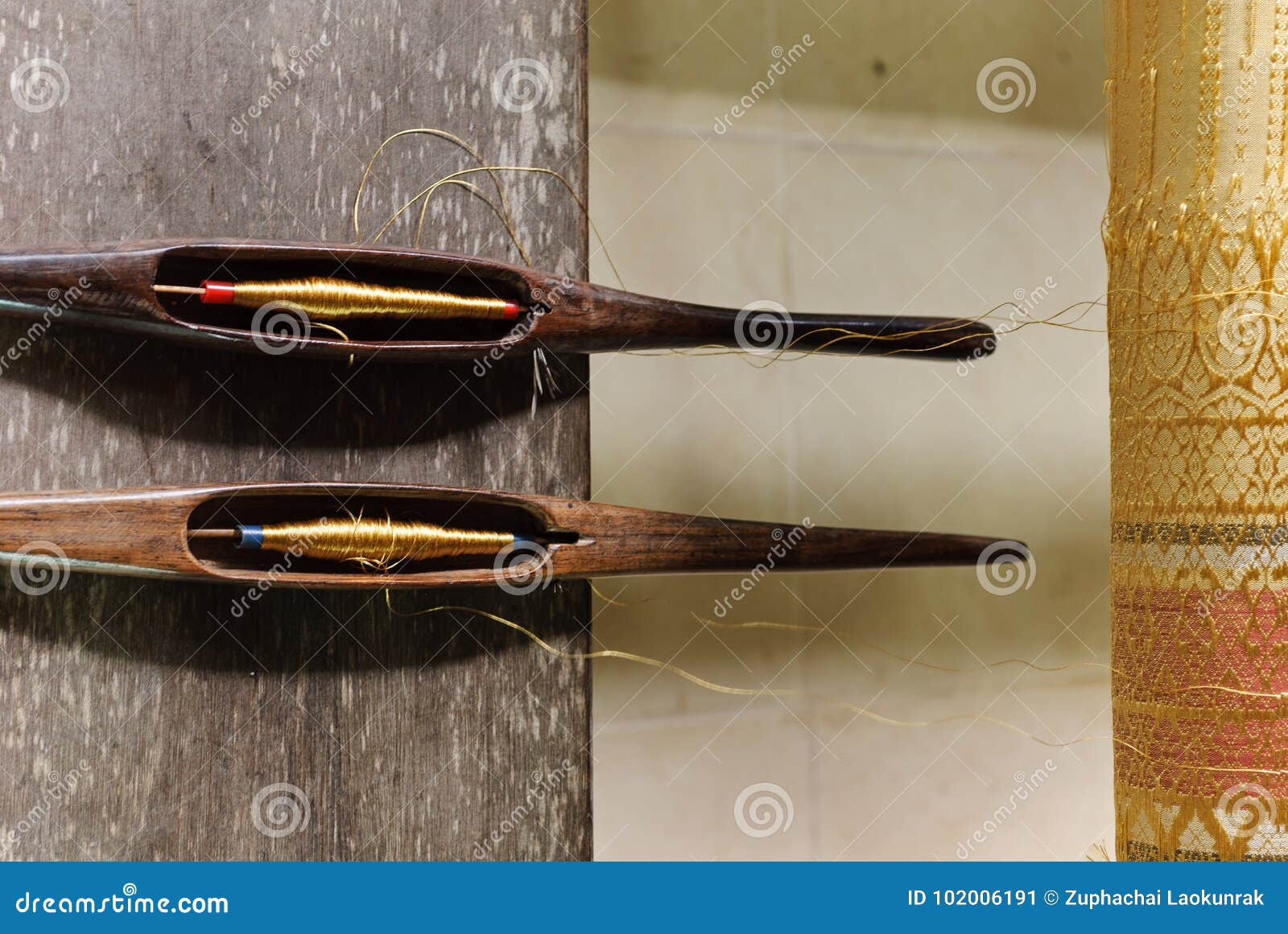 Weaving Golden Silk by Traditional Wooden Loom , Wooden Spool ,Thailand ... Weaving Golden Silk by Traditional Wooden Loom , Wooden Spool ,Thailand ...