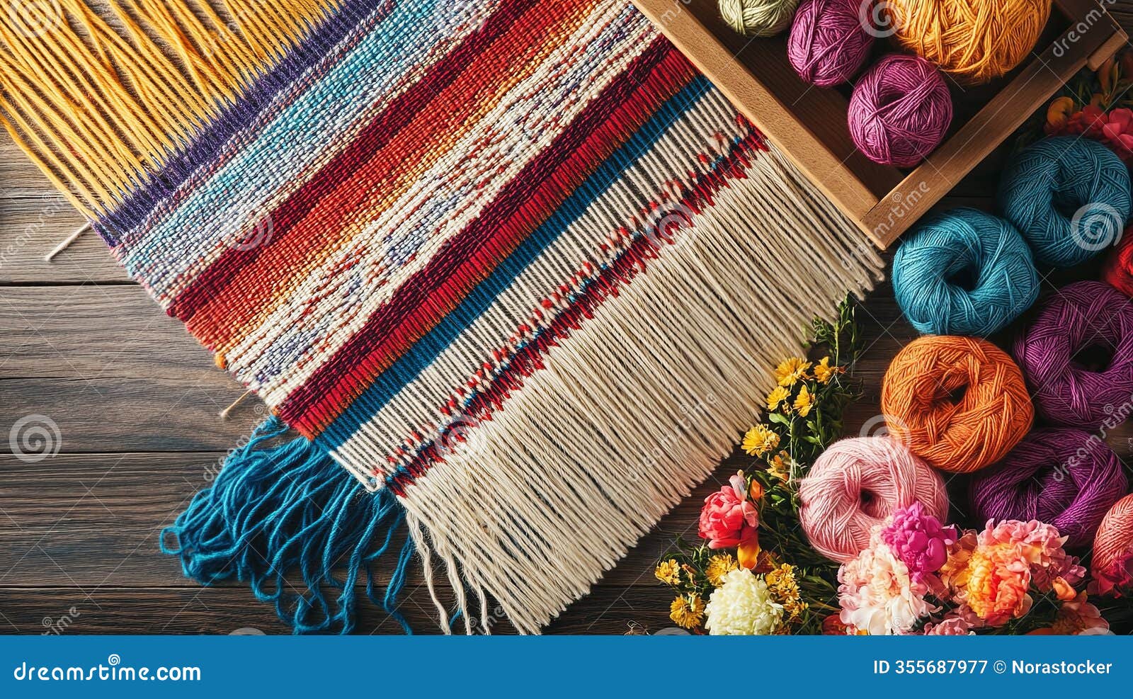 A Weaving Loom Setup with Brightly Colored Yarn and a Half-finished ...