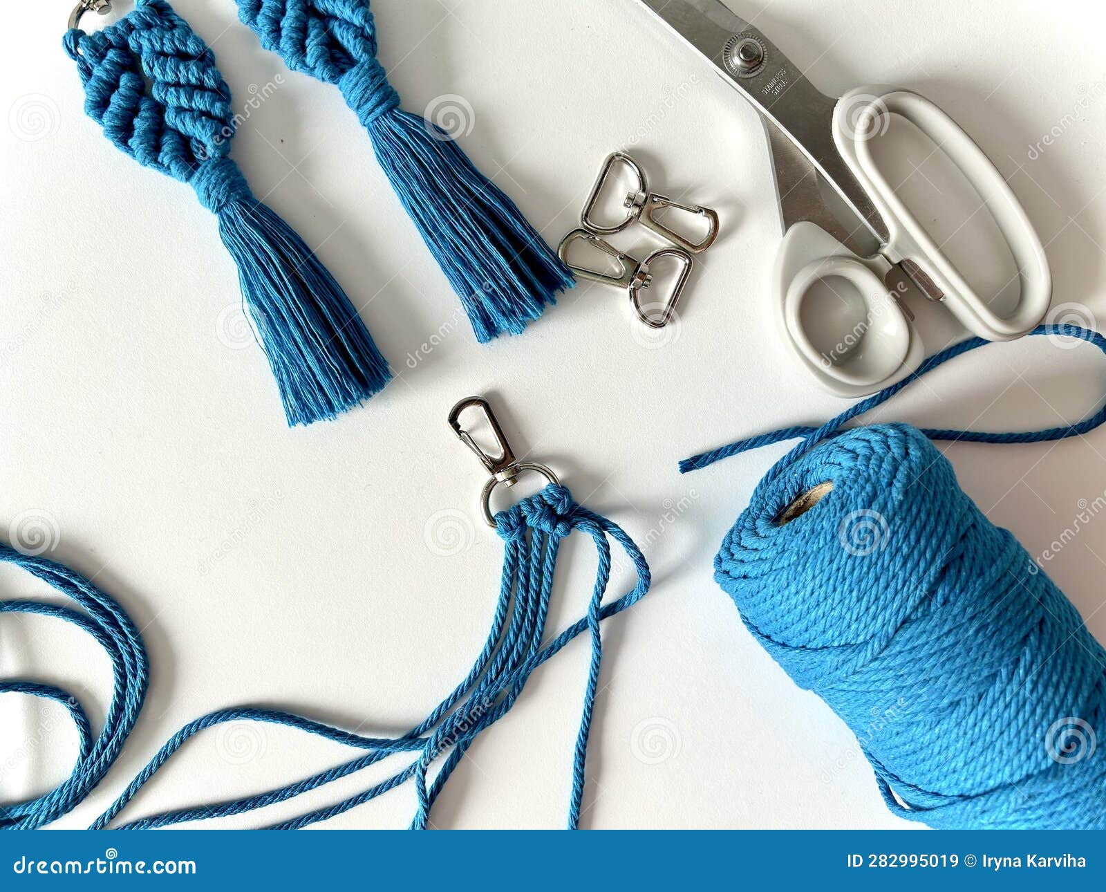 Weaving Macrame. Materials for Macrame. Blue Cord, Metal Carabiners ...