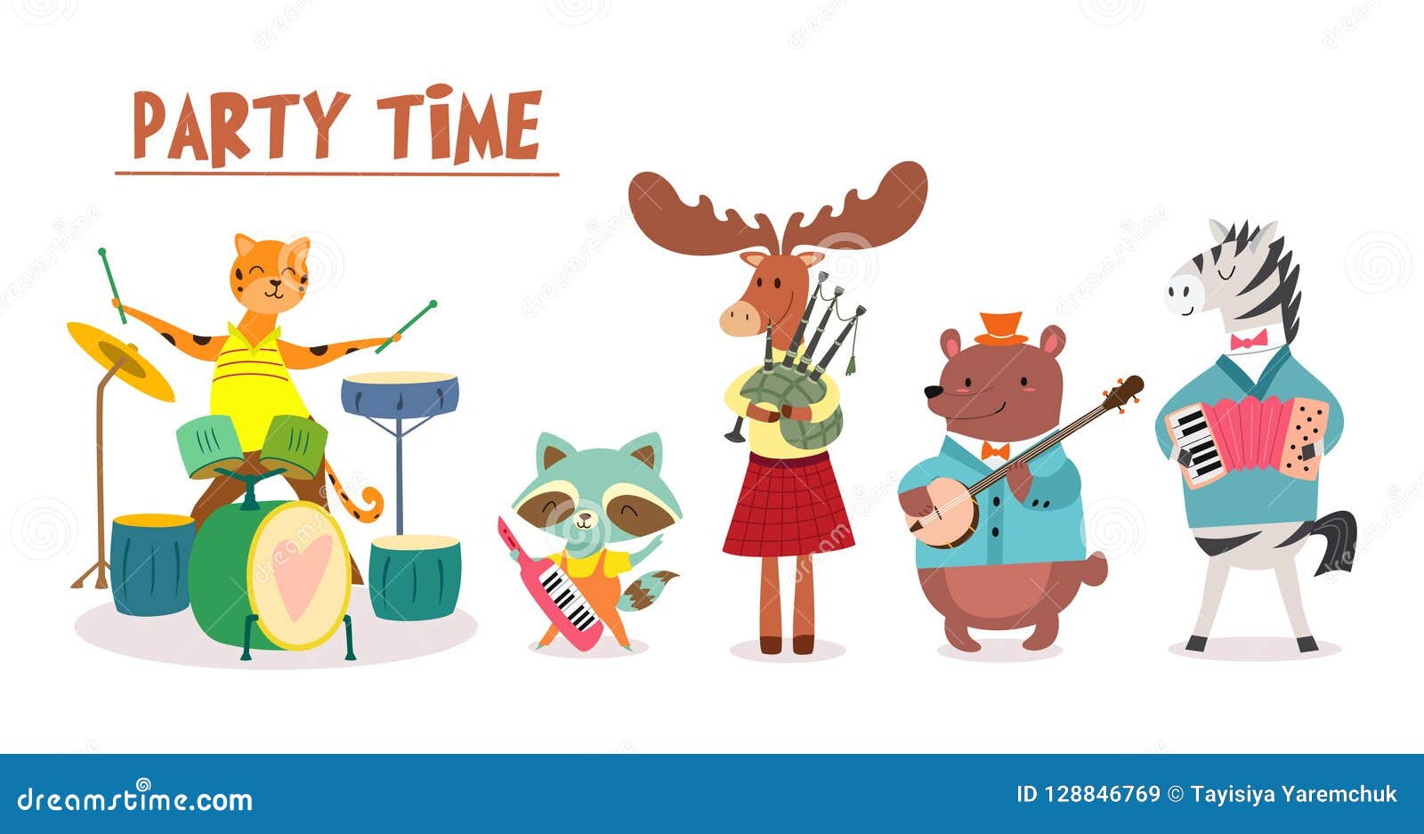 Stylish Card or Poster with Cute Animal Band in Cartoon Style.Vector ...