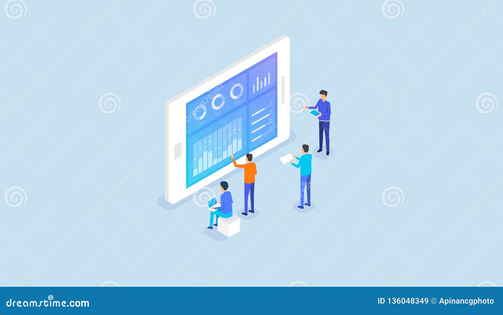 Isometric Business Analyst Team on Report Graph Dashboard Monitor Stock ...