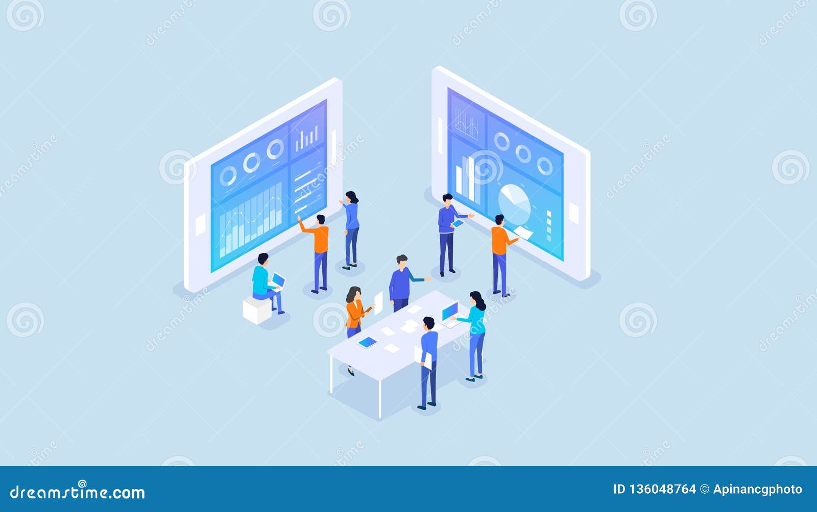 Isometric Business Analyst Team on Report Graph Dashboard Monitor and ...