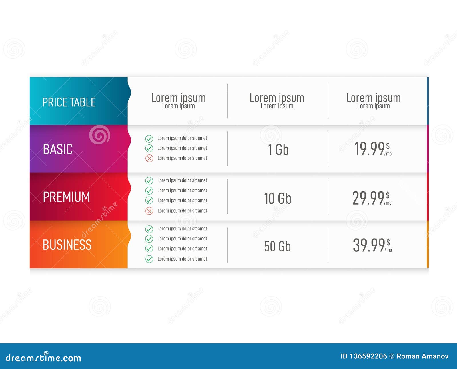 Price Table for Websites and Applications. Vector Illustration Stock ...