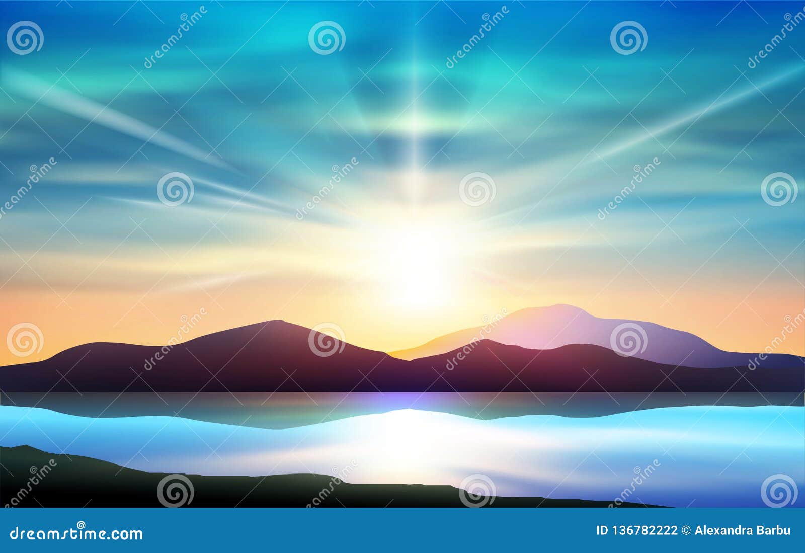 Colorful Sunset Sky, Water Mirror, Nature Landscape Stock Vector ...