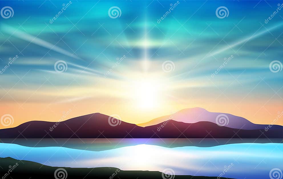 Colorful Sunset Sky, Water Mirror, Nature Landscape Stock Vector ...