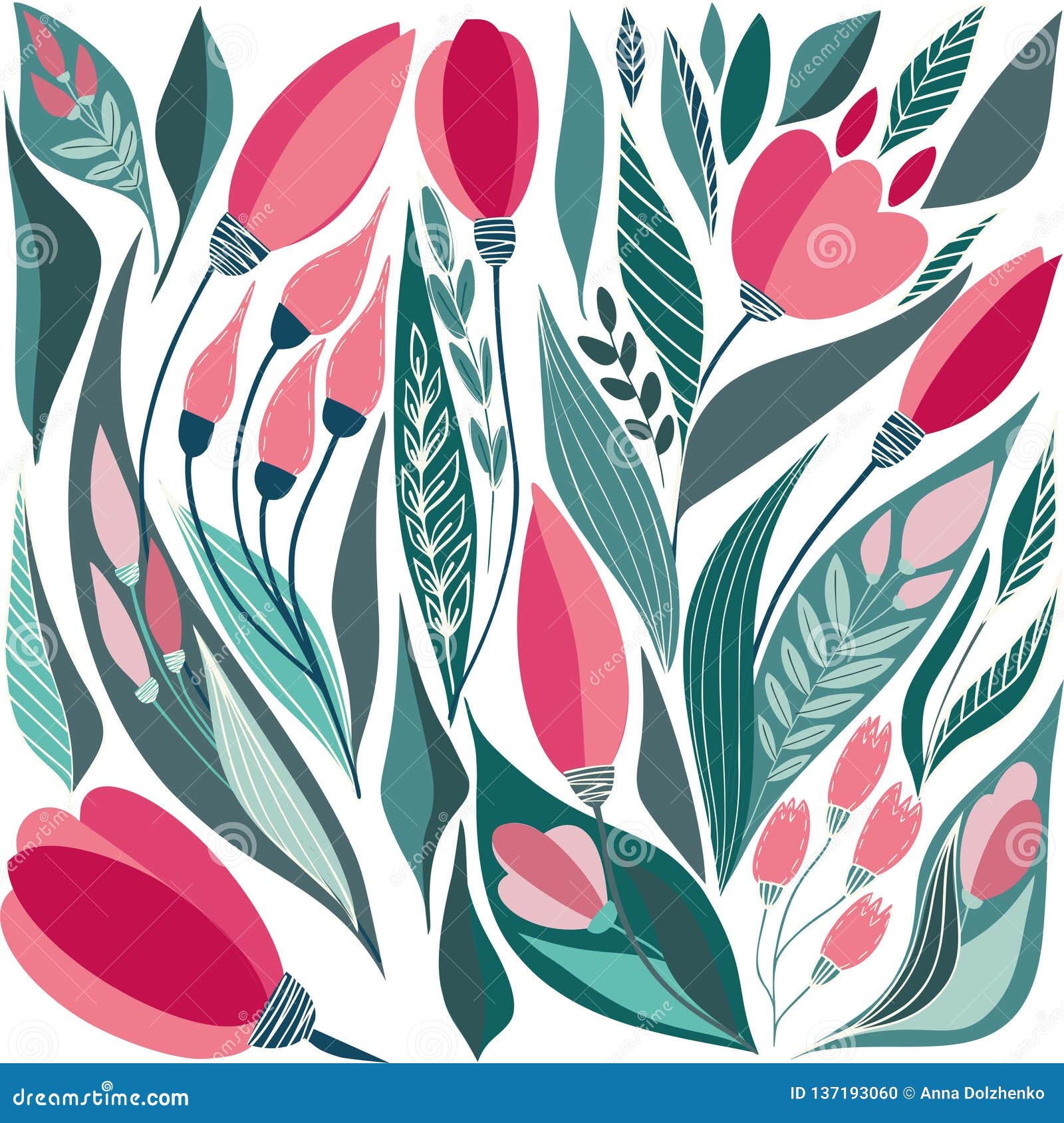 Lovely Bright Tender Rustic Folk Art Herbal Floral Spring Pattern of ...