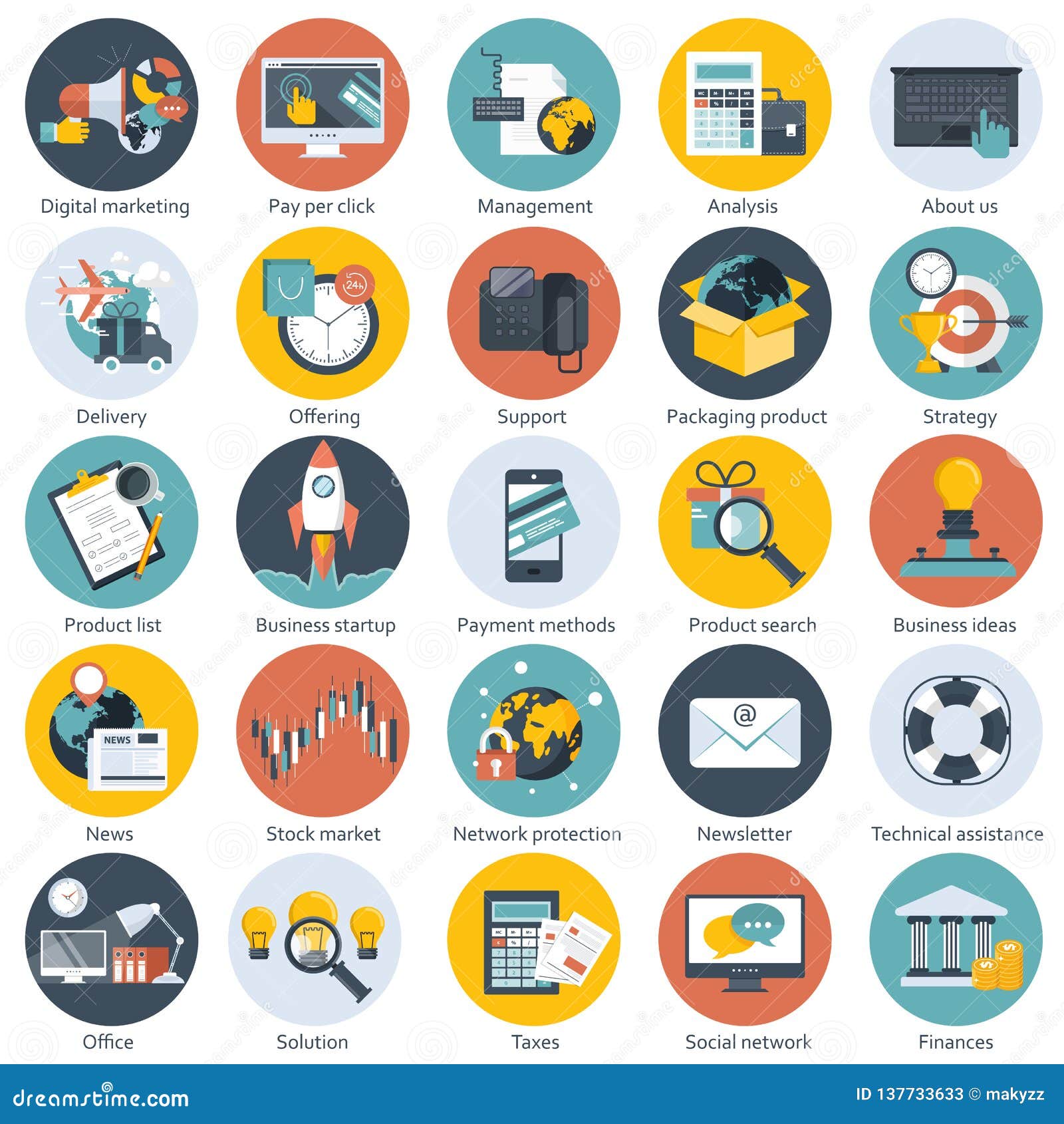 Colorful Icon Set for Business, Management, Technology, Finances and E ...