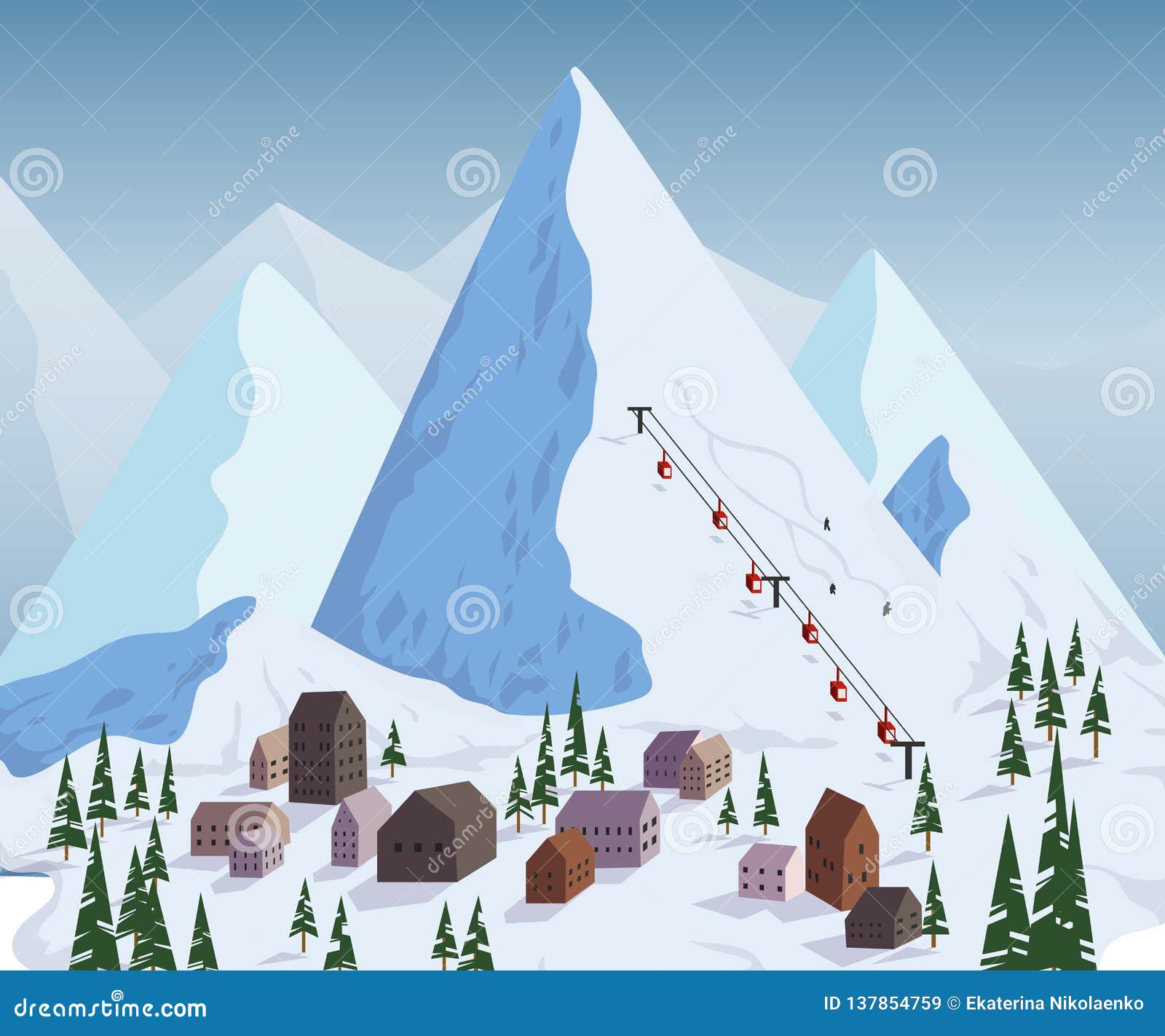 Ski Resort. Beautiful Landscape with Mountains, Houses, Hotels, Fir ...