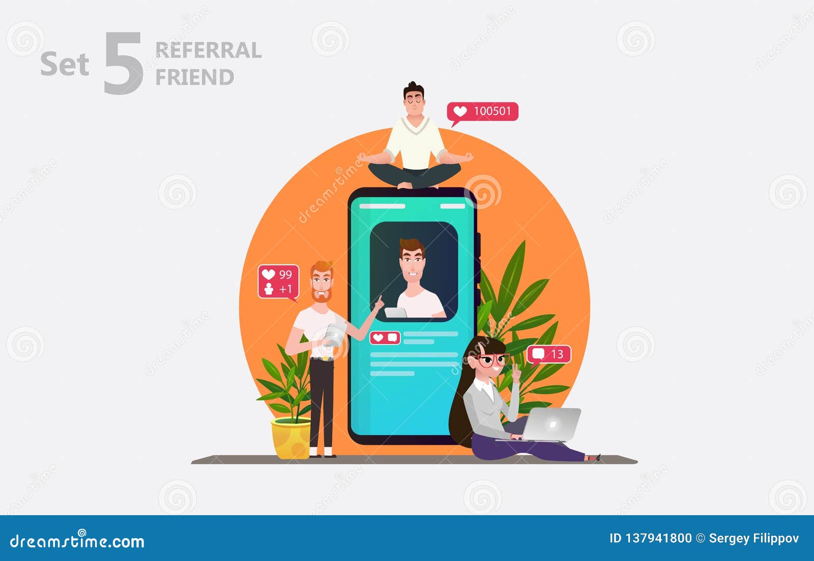 Refer Friends Vector Illustration. Man And Woman With Loudspeakers ...