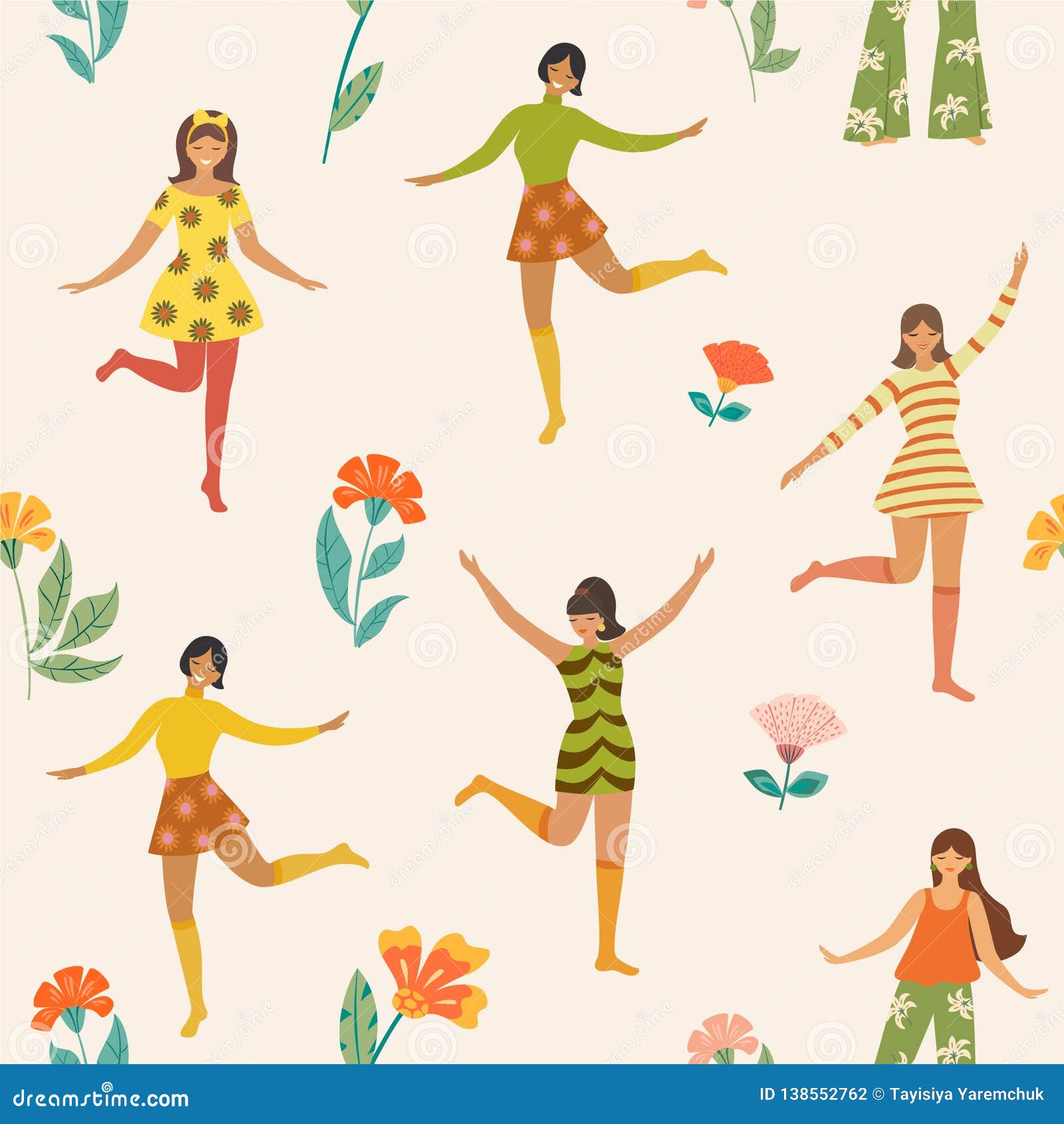 Pattern with Cute Dancing Girls and Flowers in Retro Style. Vector ...